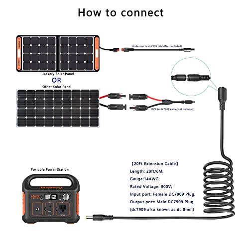 20Ft 14AWG Extension Cable,DC8mm Extension Cable with DC7909 to DC8020 Adapter connectors, fit for Most Below 200W Solar Panel and Jackery Explorer 1000/500/300/240/1500/2000 Portable Power Station