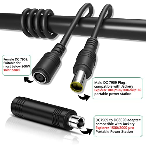 20Ft 14AWG Extension Cable,DC8mm Extension Cable with DC7909 to DC8020 Adapter connectors, fit for Most Below 200W Solar Panel and Jackery Explorer 1000/500/300/240/1500/2000 Portable Power Station