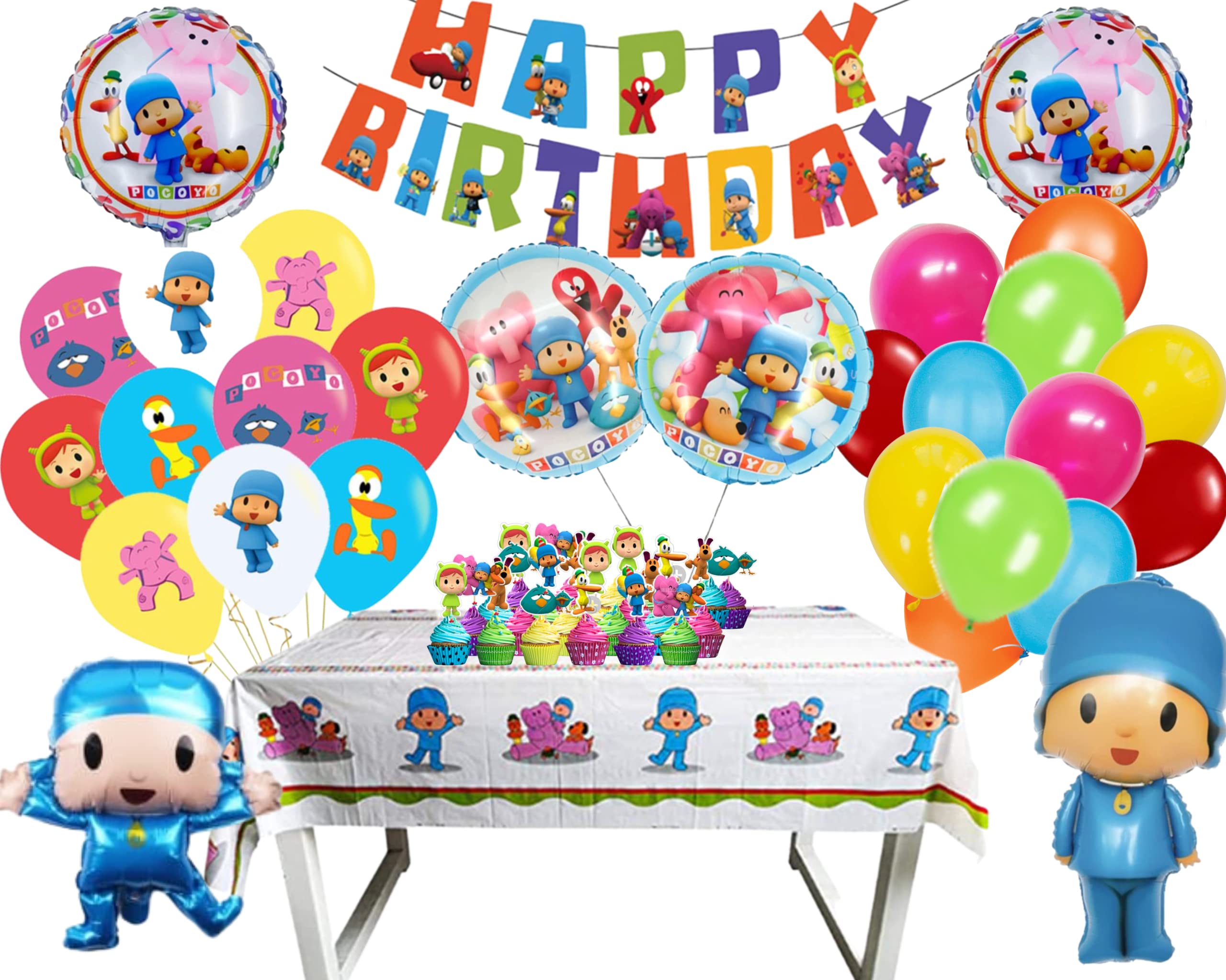 Pocoyo and Friends theme party decorations balloons Birthday Party Supplies. Pocoyo. Baby Shower decorations. Pocoyo and friends cupecake topper and table cloth or tablecover 24 cupcake toppers. Pato, Elly, Loula, Sleepy Bird, and Baby Bird.