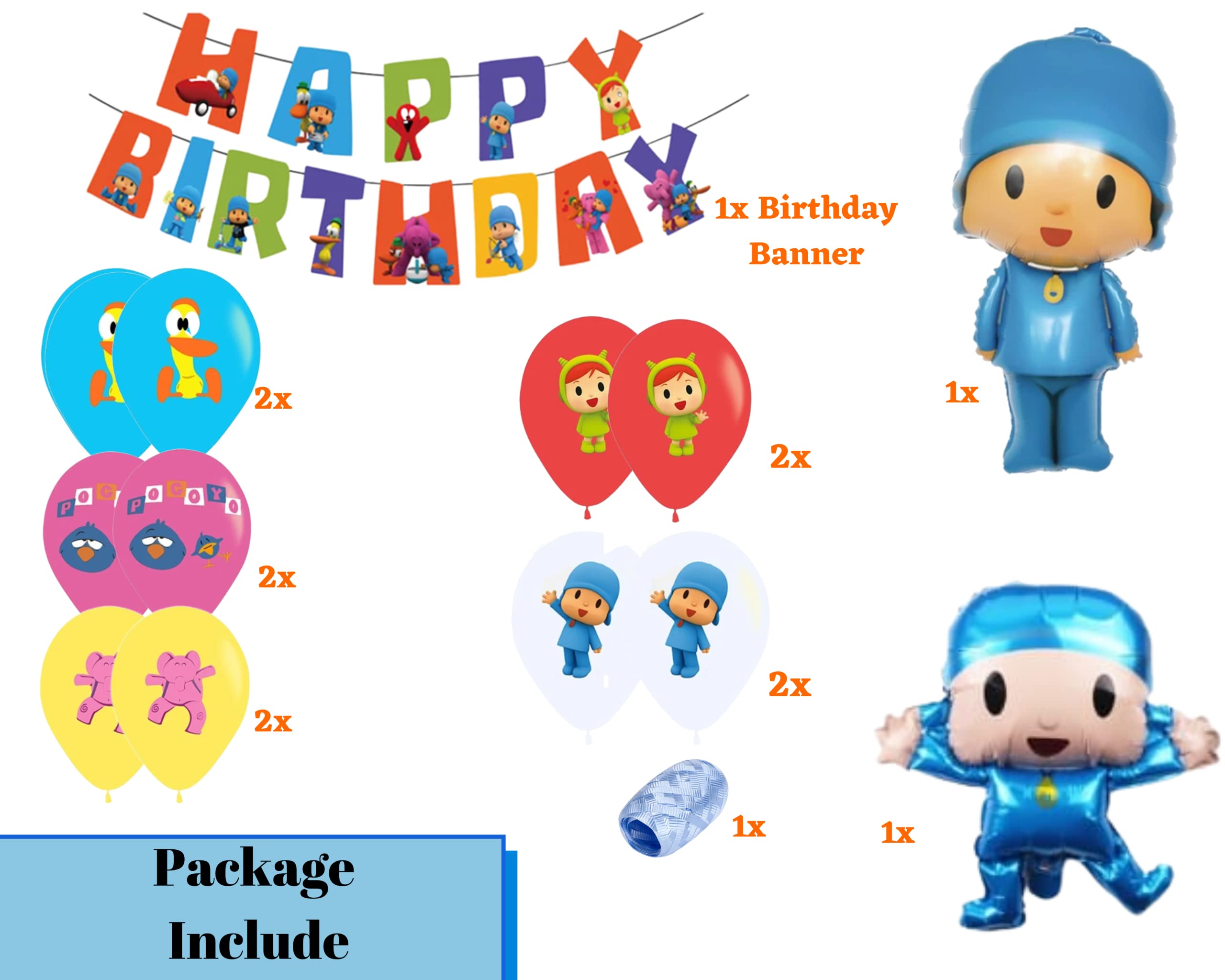 Pocoyo and Friends theme party decorations balloons Birthday Party Supplies. Pocoyo. Baby Shower decorations. Pocoyo and friends cupecake topper and table cloth or tablecover 24 cupcake toppers. Pato, Elly, Loula, Sleepy Bird, and Baby Bird.