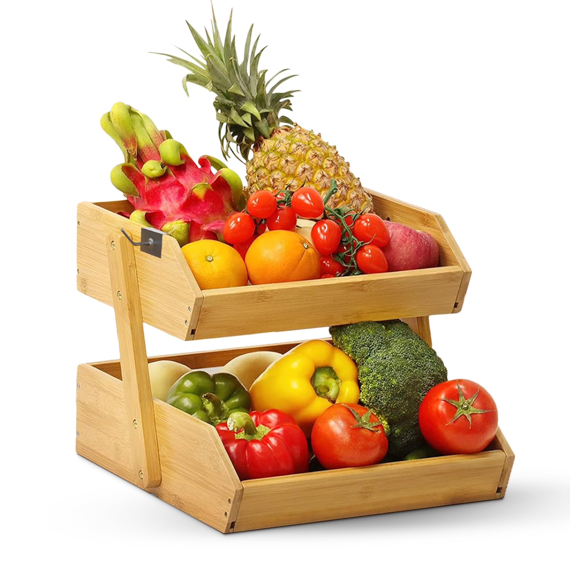 GET SORTED Bamboo 2 Tier Fruit & Vegetable Basket with Banana Hook for Kitchen Counter - Two Tier Countertop Design Perfect For Fruit, Vegetables, Snacks and More!