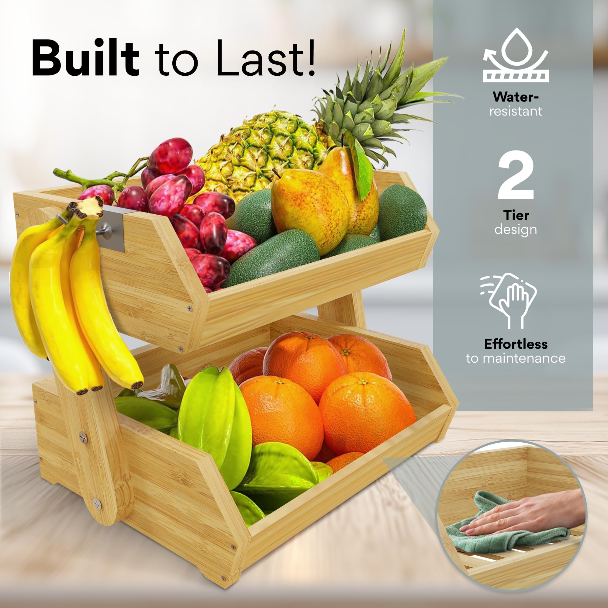 GET SORTED Bamboo 2 Tier Fruit & Vegetable Basket with Banana Hook for Kitchen Counter - Two Tier Countertop Design Perfect For Fruit, Vegetables, Snacks and More!