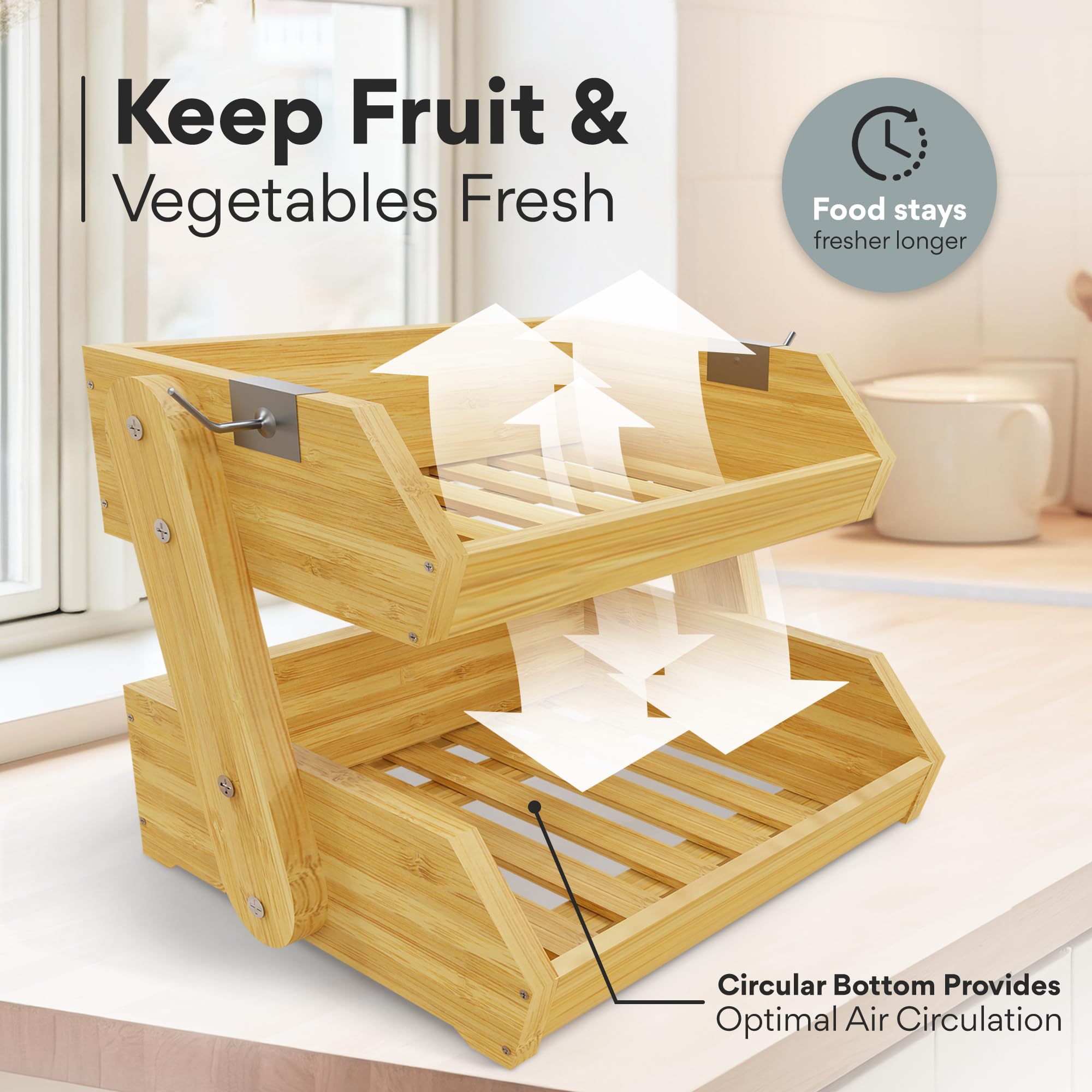 GET SORTED Bamboo 2 Tier Fruit & Vegetable Basket with Banana Hook for Kitchen Counter - Two Tier Countertop Design Perfect For Fruit, Vegetables, Snacks and More!