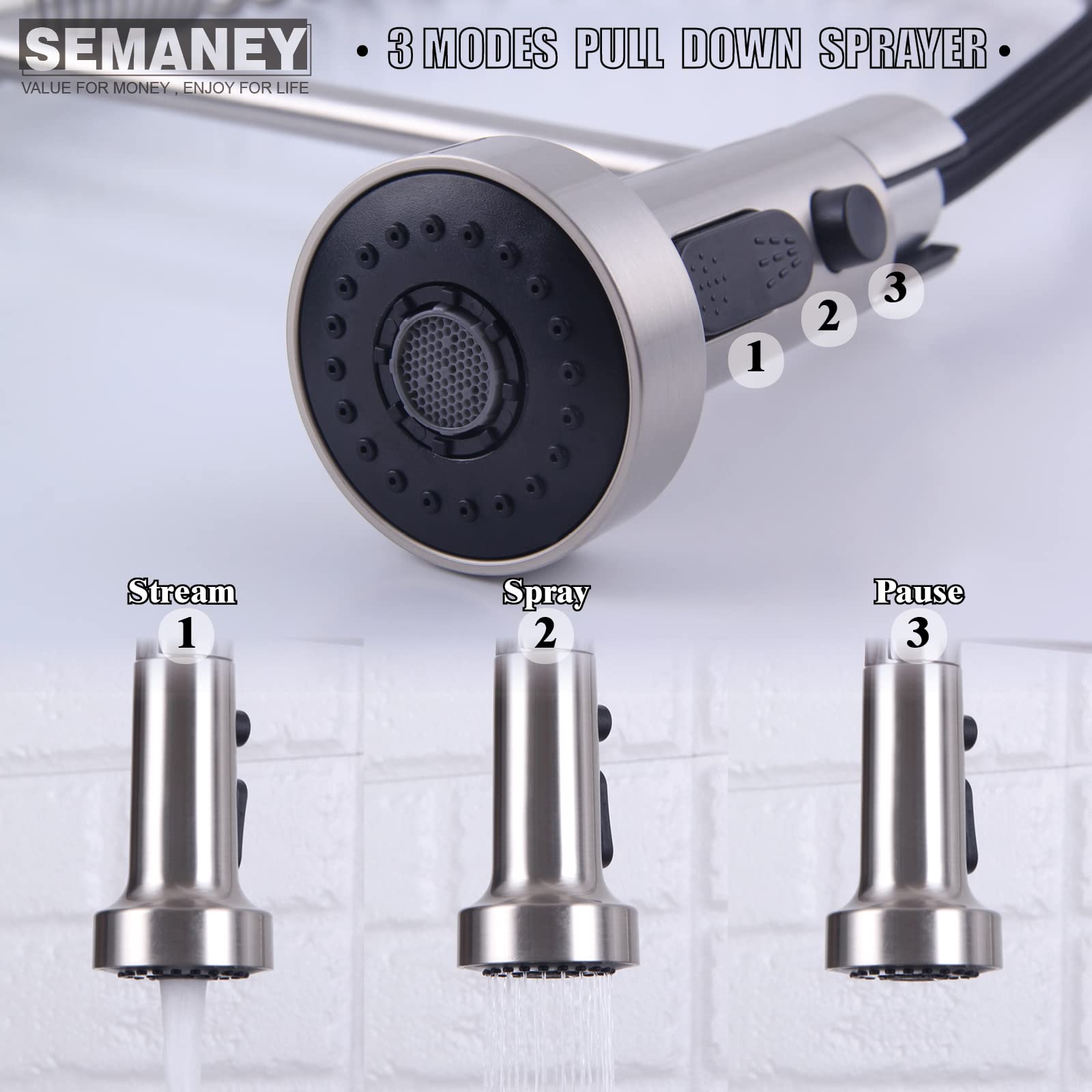 SEMANEY Kitchen Faucets, Brushed Nickel Stainless Steel Single Handle Sink Faucets with Pull Out Sprayer, Pull Down Kitchen Faucet with 10'' Deck Plate to Cover 1 or 3 Holes