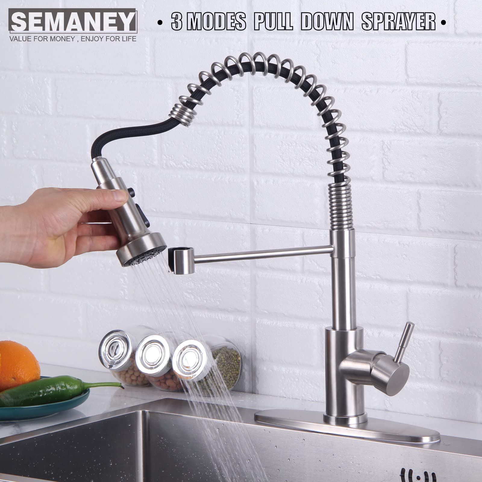 SEMANEY Kitchen Faucets, Brushed Nickel Stainless Steel Single Handle Sink Faucets with Pull Out Sprayer, Pull Down Kitchen Faucet with 10'' Deck Plate to Cover 1 or 3 Holes