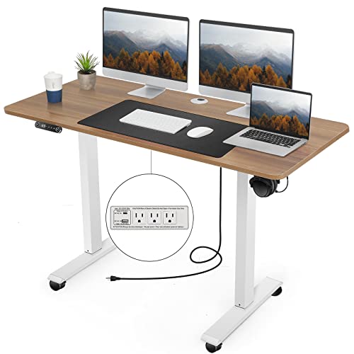 SIHANM Standing Desk Adjustable Height, 55in Rising Desks for Home Office with 2 USB Ports & 3 Power Outlets, and 6.5 ft Power Cord, Sit to Stand Desk with Double Crossbeam Structure, Walnut