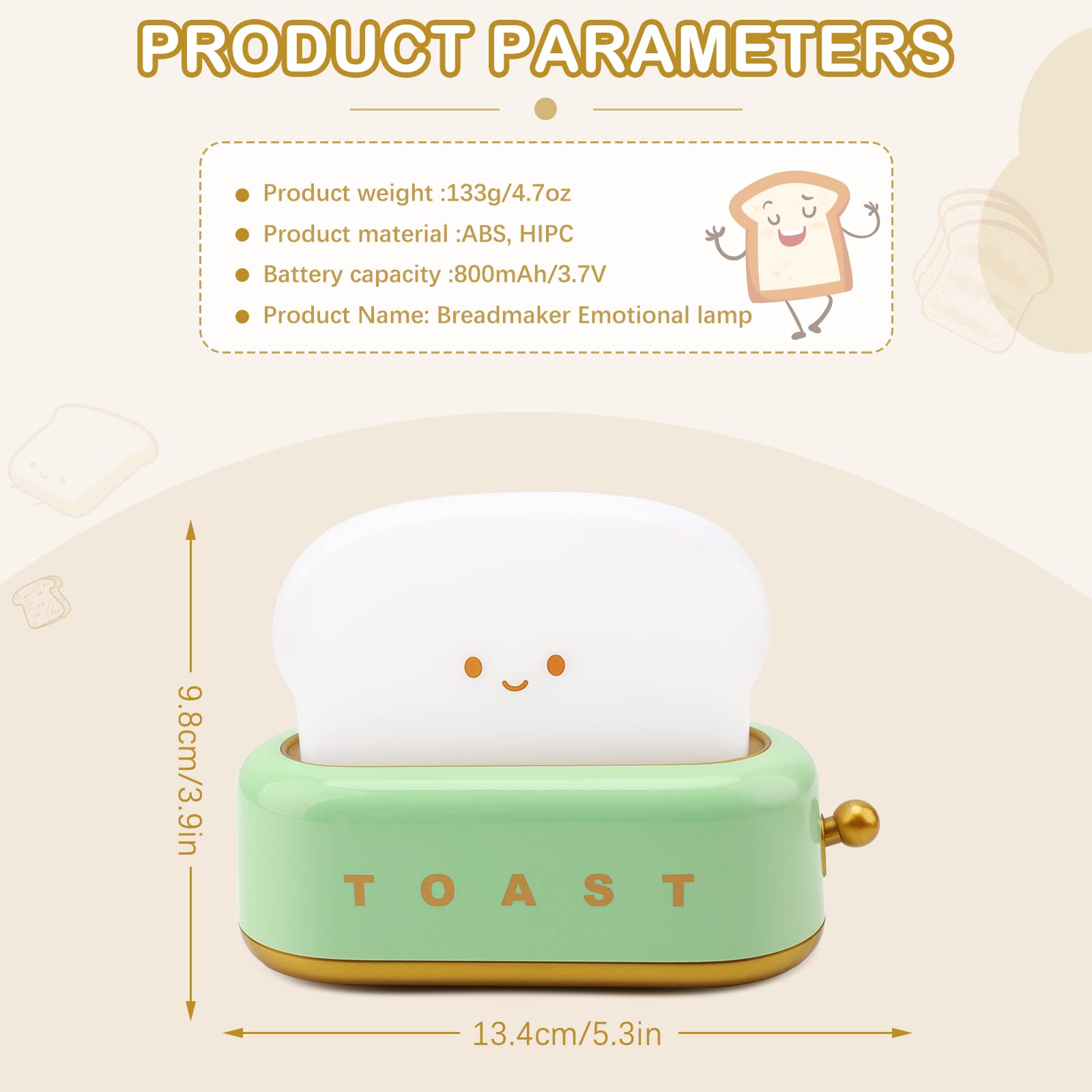 POQCCT Decor Toaster Night Light Lamp Rechargeable Small Lamps with Smile Face Cute Toast Bread Shape Decor Night Lights for Kids Baby Nursery Green