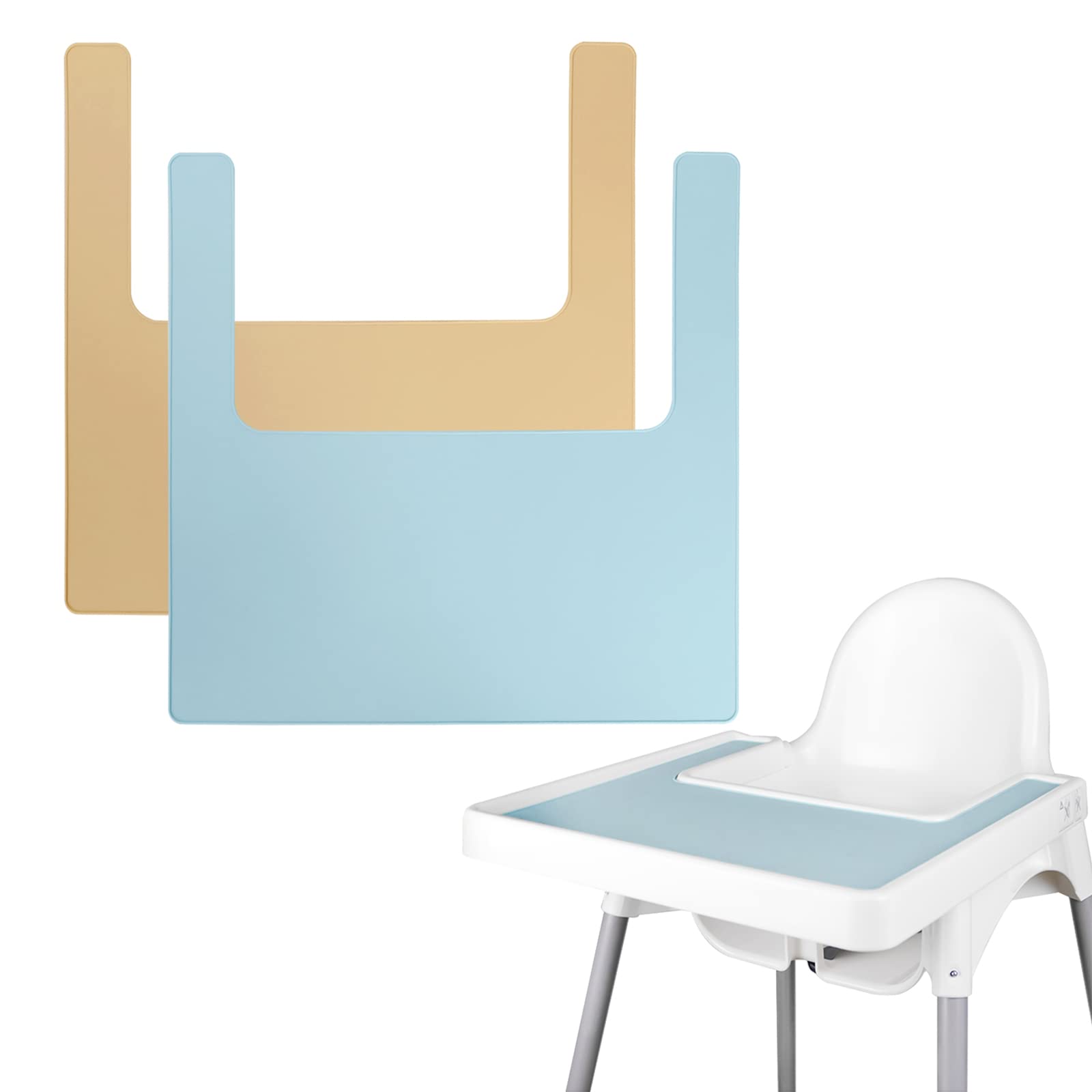 High Chair Placemat, Long Lasting High Chair Placemat Silicone, 2-Piece Set, Can Be Used Interchangeably, Suitable for IKEA Antilop Highchai, for Toddlers and Babies (Blue/Khaki)