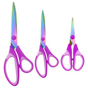 craft scissors set of 3 pack stainless steel titanium coating sewing scissors multipurpose fabric scissors rubber soft grip handle sharp titanium blades shears great for office home school (purple)