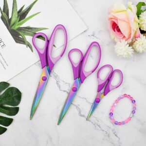 Craft Scissors Set of 3 Pack Stainless Steel Titanium Coating Sewing Scissors Multipurpose Fabric Scissors Rubber Soft Grip Handle Sharp Titanium Blades Shears Great for Office Home School (Purple)