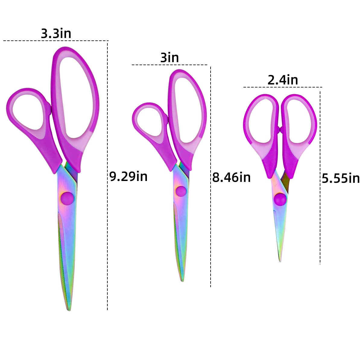 Craft Scissors Set of 3 Pack Stainless Steel Titanium Coating Sewing Scissors Multipurpose Fabric Scissors Rubber Soft Grip Handle Sharp Titanium Blades Shears Great for Office Home School (Purple)