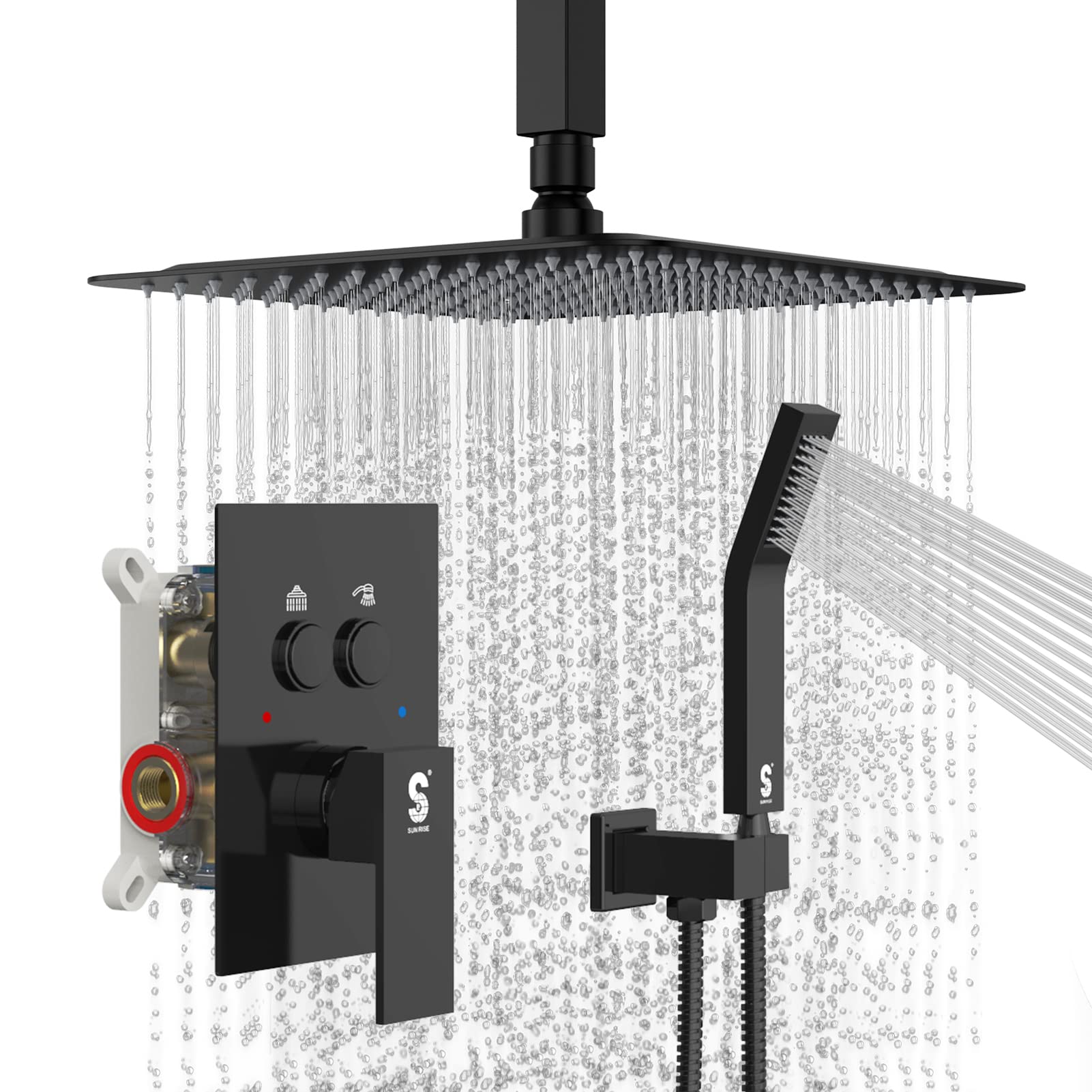 SR SUN RISE Ceiling Mounted Shower System with Push Button Diverter, Luxury 12 Inch Rain Shower Head with Handheld Spray, High Pressure Shower Faucet Combo Set with Rough-in Valve, Matte Black