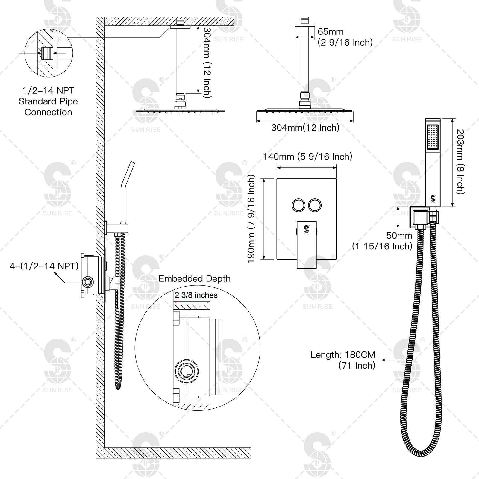 SR SUN RISE Ceiling Mounted Shower System with Push Button Diverter, Luxury 12 Inch Rain Shower Head with Handheld Spray, High Pressure Shower Faucet Combo Set with Rough-in Valve, Matte Black