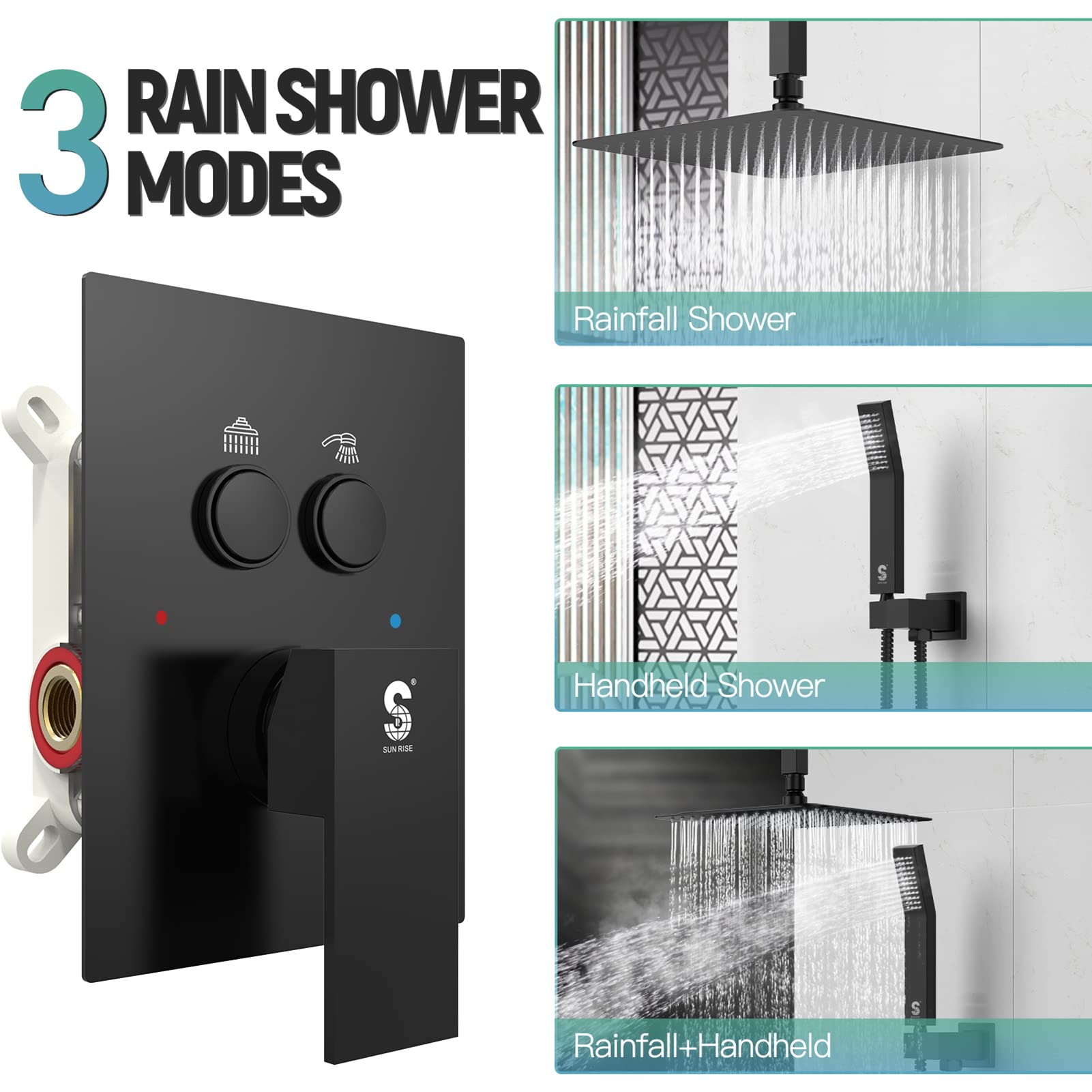 SR SUN RISE Ceiling Mounted Shower System with Push Button Diverter, Luxury 12 Inch Rain Shower Head with Handheld Spray, High Pressure Shower Faucet Combo Set with Rough-in Valve, Matte Black