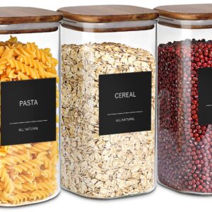 GMISUN Pantry Storage Container, 50oz Airtight Glass Food Storage Jars with Wooden Lids, Cereal and Pasta Storage Containers for Pantry, 3 Pack CLear Square Glass Kitchen Canisters for Flour, Rice