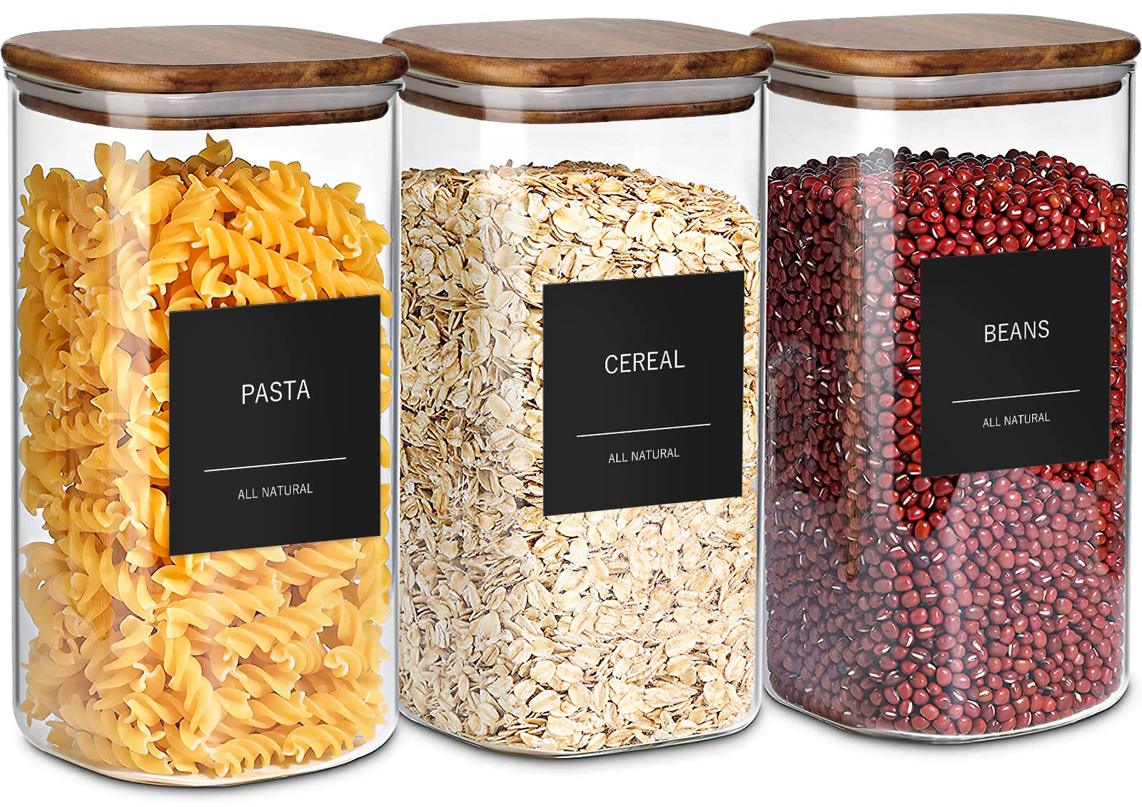 GMISUN Pantry Storage Container, 50oz Airtight Glass Food Storage Jars with Wooden Lids, Cereal and Pasta Storage Containers for Pantry, 3 Pack CLear Square Glass Kitchen Canisters for Flour, Rice