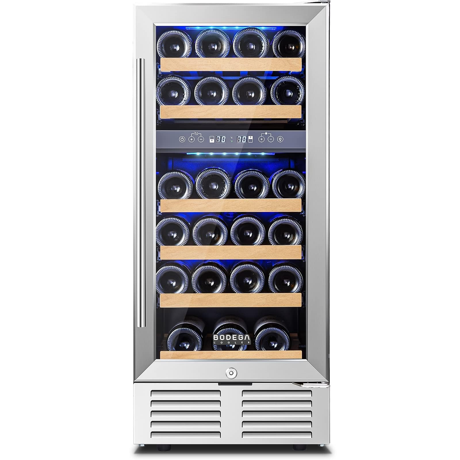 BODEGA 15 Inch Wine Cooler Under Counter, 28 Bottle Dual Zone Wine Fridge, with Double-Layer Glass Door, Temperature Memory and Digital Temperature Control, Built-in or Freestanding