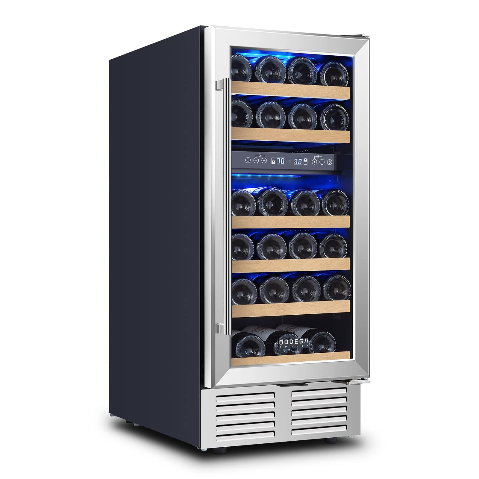 BODEGA 15 Inch Wine Cooler Under Counter, 28 Bottle Dual Zone Wine Fridge, with Double-Layer Glass Door, Temperature Memory and Digital Temperature Control, Built-in or Freestanding