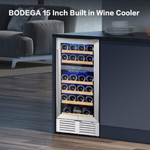 BODEGA 15 Inch Wine Cooler Under Counter, 28 Bottle Dual Zone Wine Fridge, with Double-Layer Glass Door, Temperature Memory and Digital Temperature Control, Built-in or Freestanding