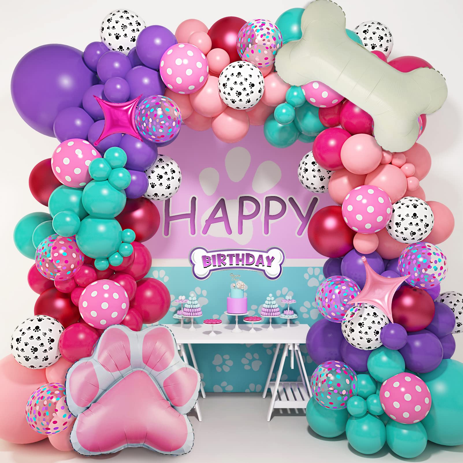 151Pcs Paw Balloons Garland Arch Kit with Dog Bone Paw Print Star Foil Balloons Pink Purple Turquoise Confetti Balloons for Girls Puppy Themed Birthday Baby Shower Party Decorations