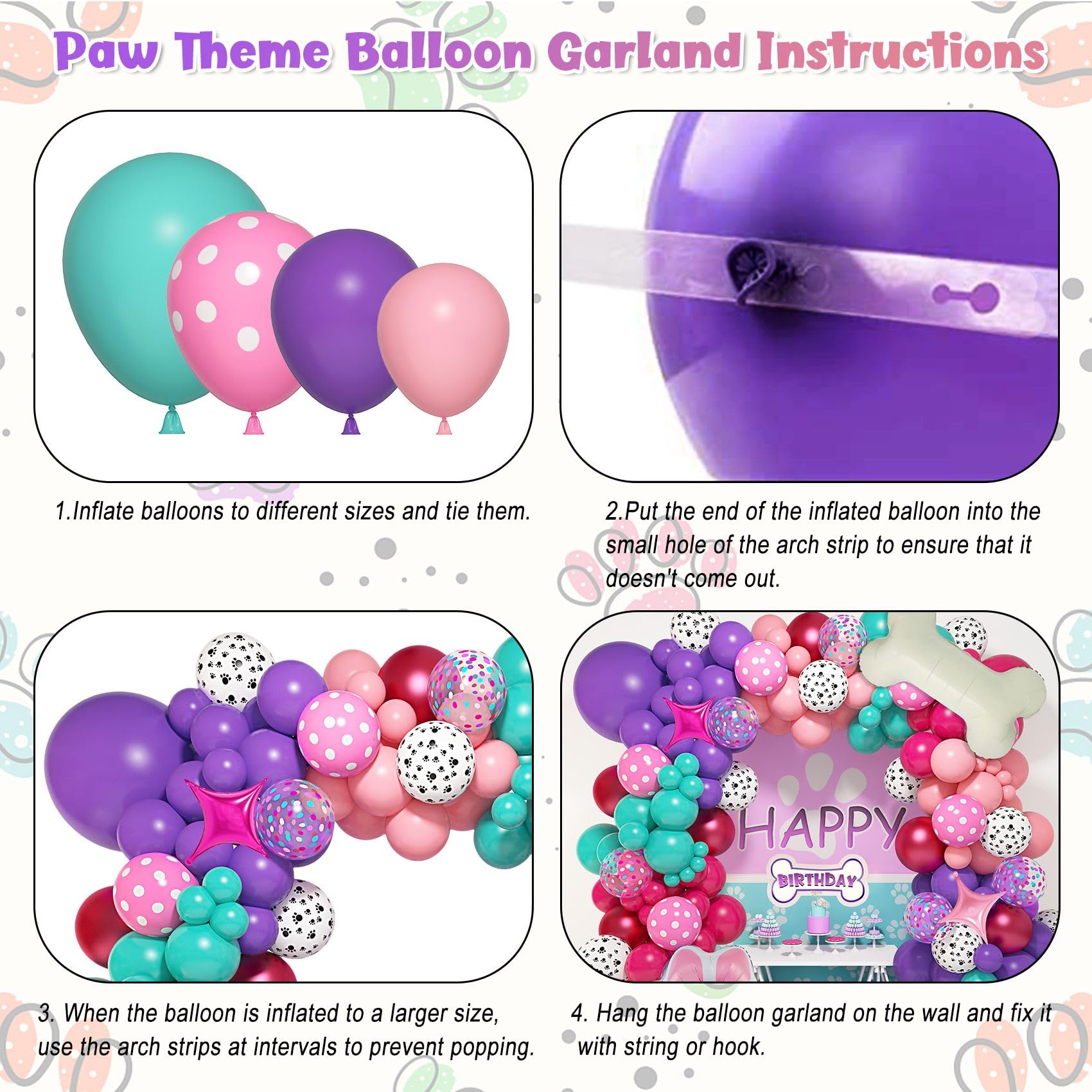 151Pcs Paw Balloons Garland Arch Kit with Dog Bone Paw Print Star Foil Balloons Pink Purple Turquoise Confetti Balloons for Girls Puppy Themed Birthday Baby Shower Party Decorations