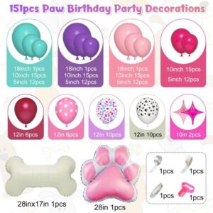 151Pcs Paw Balloons Garland Arch Kit with Dog Bone Paw Print Star Foil Balloons Pink Purple Turquoise Confetti Balloons for Girls Puppy Themed Birthday Baby Shower Party Decorations