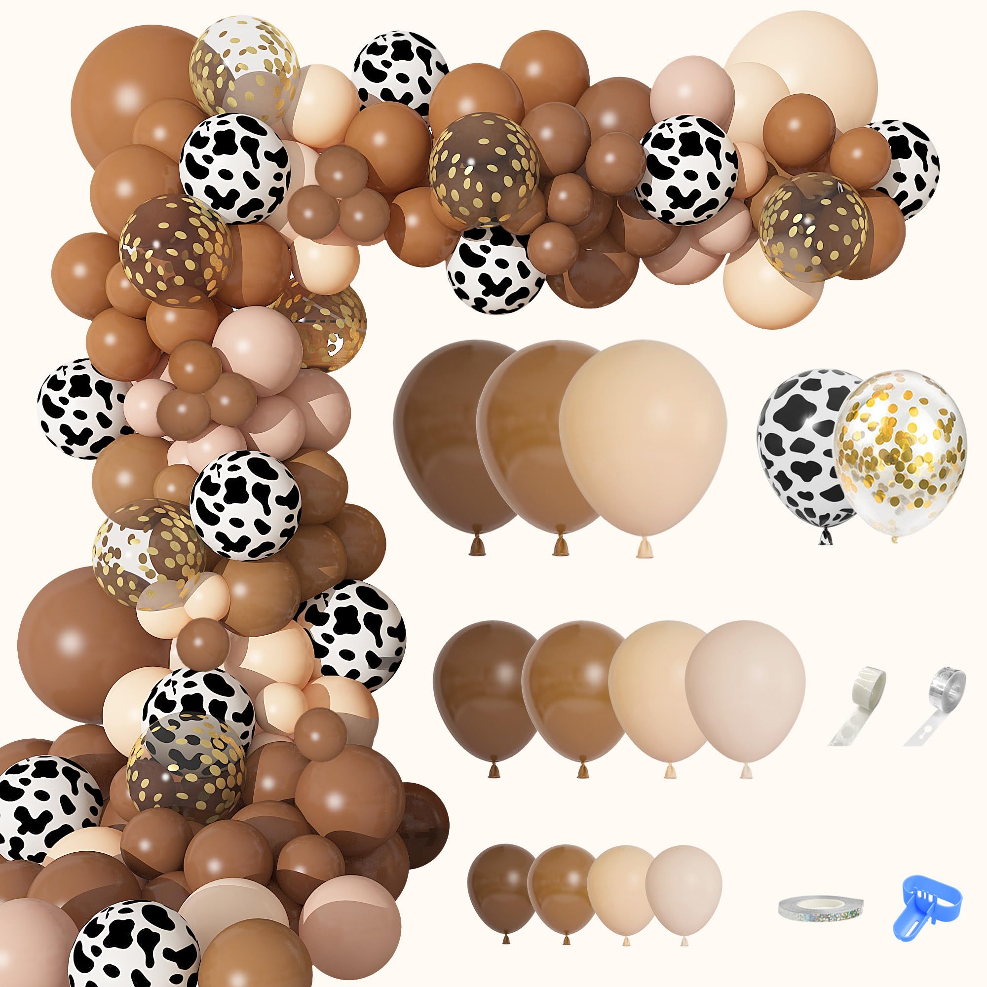 170Pcs Brown Cow Balloons Garland Arch Kit, Coffee Brown Neutral Blush Confetti Cow Print Balloons for Western Cowboy Cowgirl Farm Animal Themed Baby Shower Birthday Party Decorations Supplies