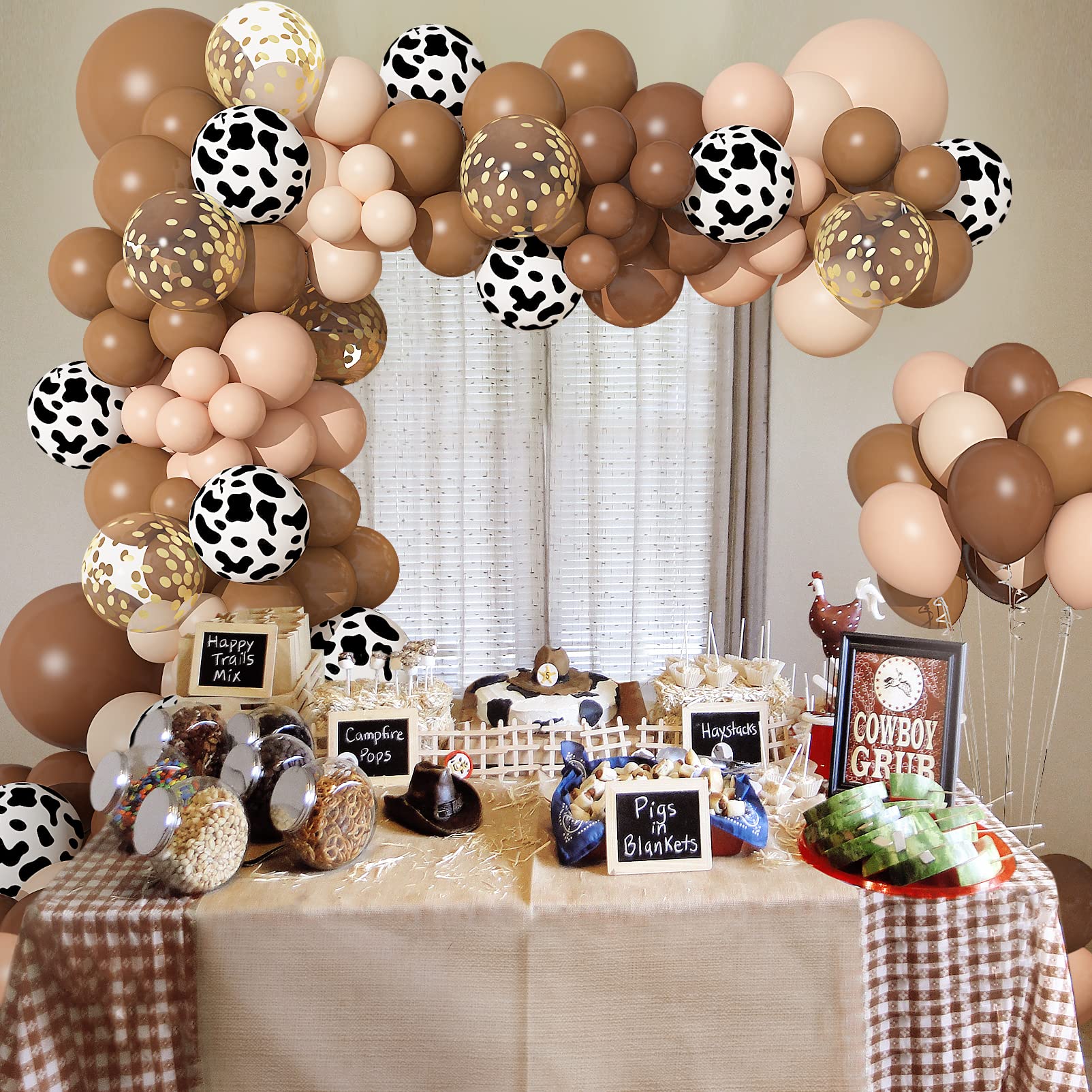 170Pcs Brown Cow Balloons Garland Arch Kit, Coffee Brown Neutral Blush Confetti Cow Print Balloons for Western Cowboy Cowgirl Farm Animal Themed Baby Shower Birthday Party Decorations Supplies