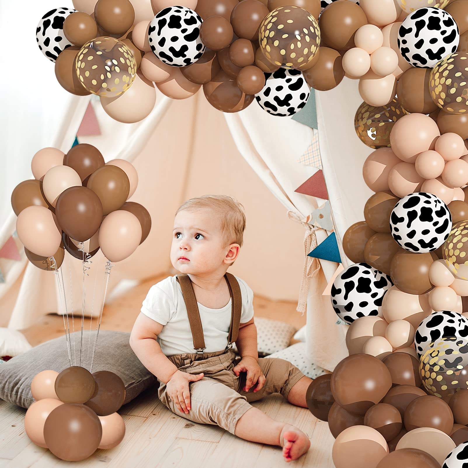 170Pcs Brown Cow Balloons Garland Arch Kit, Coffee Brown Neutral Blush Confetti Cow Print Balloons for Western Cowboy Cowgirl Farm Animal Themed Baby Shower Birthday Party Decorations Supplies