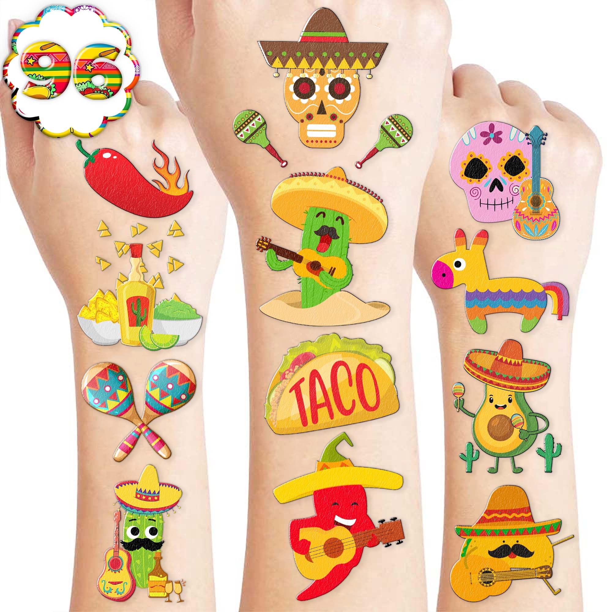 8 Sheets (96PCS) Mexican Tattoos Temporary Taco Twosday Theme Birthday Party Decorations Favors Supplies Stickers For Kids Boys Girls Gifts Classroom School Prizes Rewards