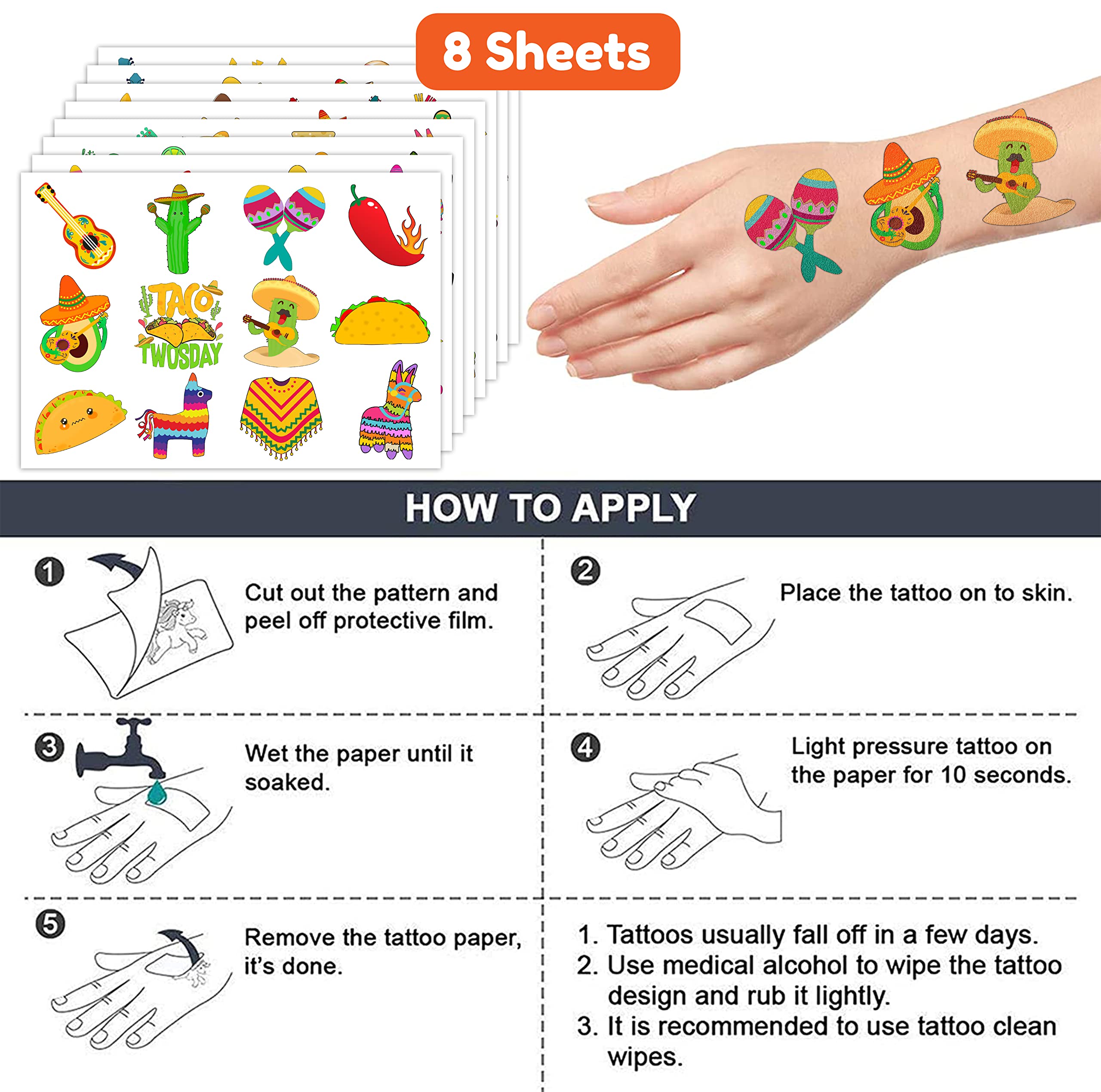 8 Sheets (96PCS) Mexican Tattoos Temporary Taco Twosday Theme Birthday Party Decorations Favors Supplies Stickers For Kids Boys Girls Gifts Classroom School Prizes Rewards