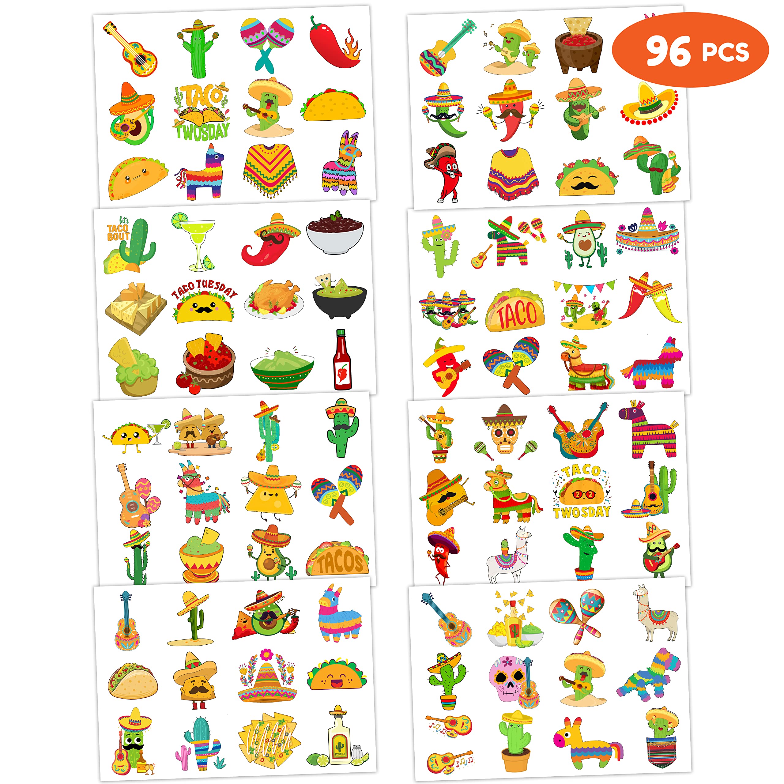 8 Sheets (96PCS) Mexican Tattoos Temporary Taco Twosday Theme Birthday Party Decorations Favors Supplies Stickers For Kids Boys Girls Gifts Classroom School Prizes Rewards