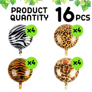 16PCS Animal Pattern Balloons 18 Inch Balloon Foil Wildlife Print Round Mylar Aluminum Balloons Giraffe Tiger Zebra Leopard Print Balloons for Zoo Safari Jungle Theme Birthday Decorations