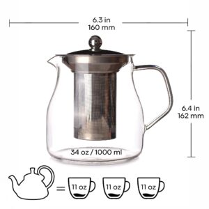 Glass Teapot For Stovetop Safe with Infuser - Borosilicate Glass Tea Kettle with Strainer - 34 oz - For Iced Blooming Loose Tea Pot Maker