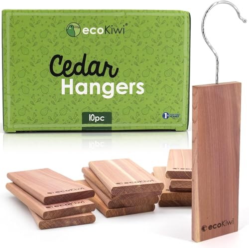 ecoKiwi Cedar Blocks for Clothes Storage - 10 Pack Hanging Cedar Planks - Natural Cedar Chips for Closets and Drawers - Cedar Wood Hangers with Sandpaper - Cedarwood Scent Freshener Protection Control