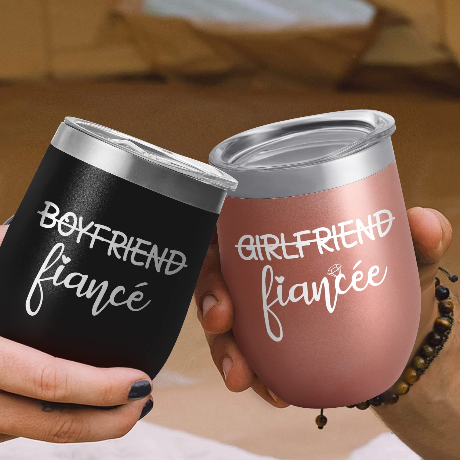 LiqCool Engagement Gifts for Couples, Fiance Gifts for Him Her, Newly Engaged Gifts for Couple, Cool Engagement Gifts, 12oz Wine Tumbler for Fiance Fiancee Boyfriend Girlfriend, Black and Rose Gold