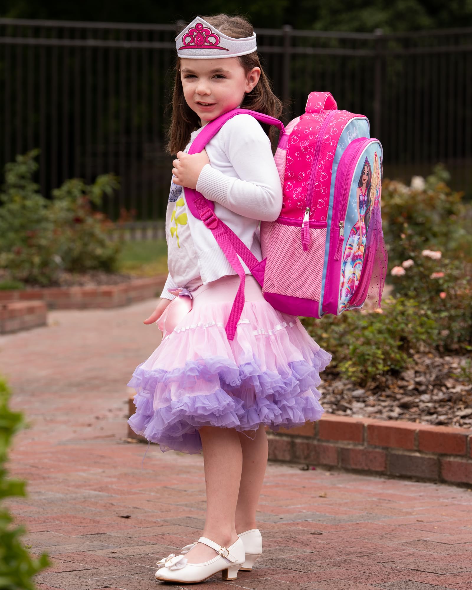 Barbie & Friends Cosplay Backpack, Girls Bookbag with Adjustable Shoulder Straps & Padded Back, 16” School Bag w/3D Skirt and Metallic Fabric Tiara.