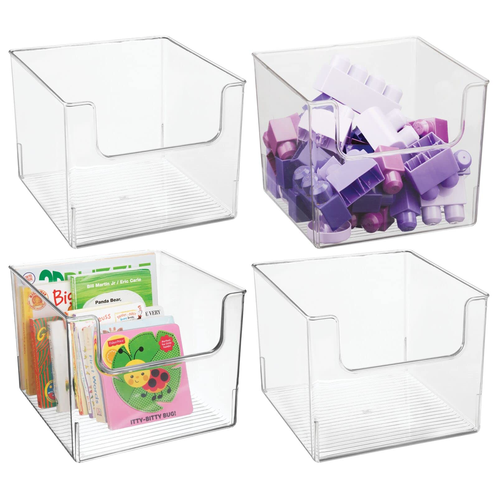 mDesign Plastic Toy Storage Bin Box Container with Front Dip for Easy Access - Organize Games/Accessories in Kids Playroom, Closet, Cabinets, Shelves, Ligne Collection, 4 Pack, Clear