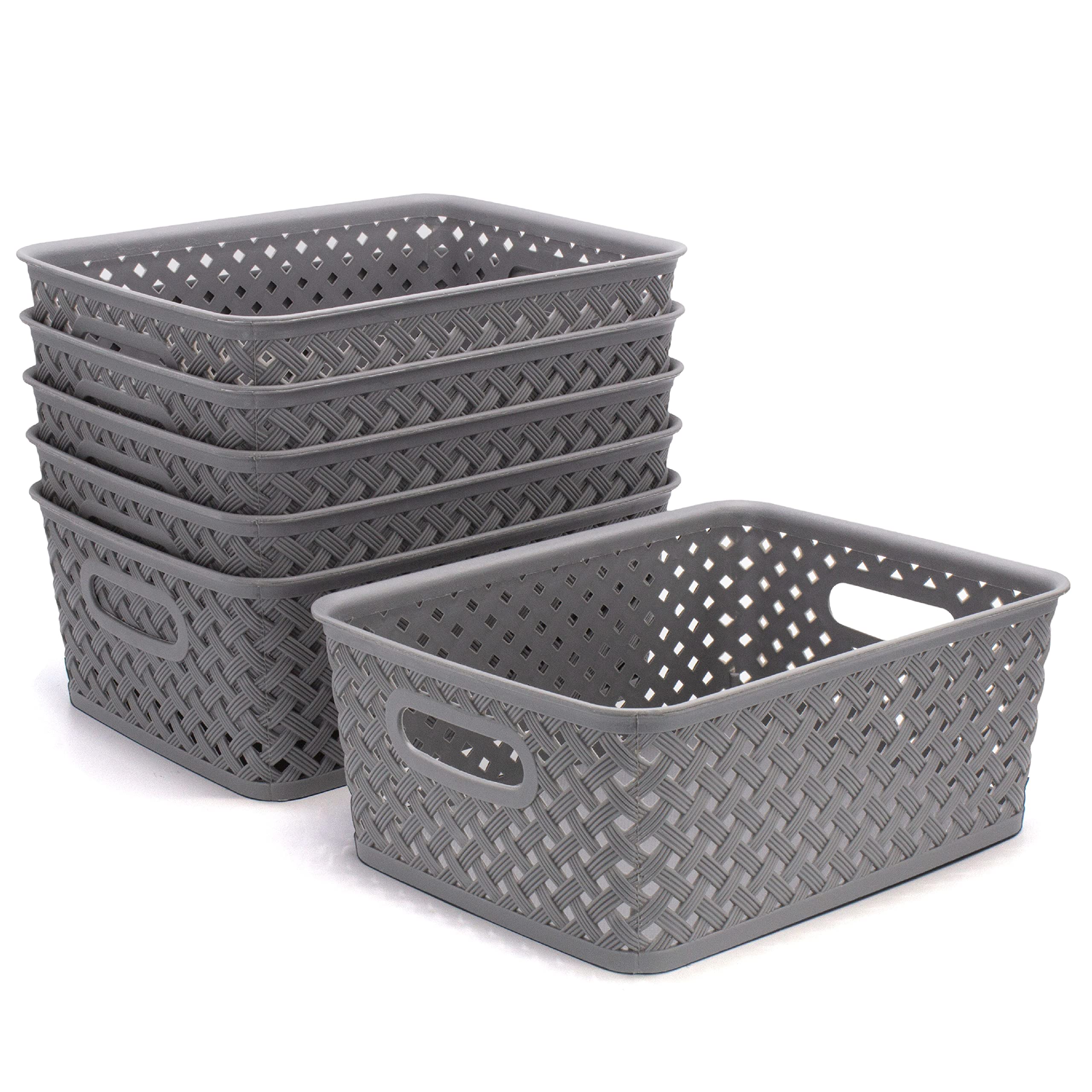 BROOKSTONE - 6 Pack Small Storage Baskets with Handles, Decorative Woven Pattern, Versatile and Stylish Organizers for Home, BPA Free Plastic Bins