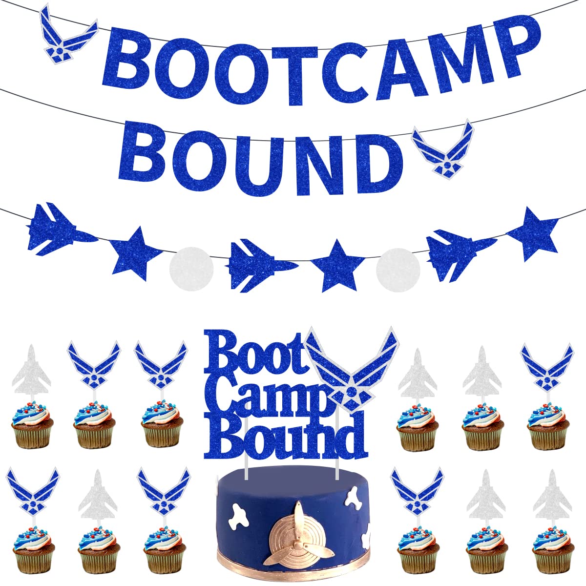 Air Force Decorations, Air Force Bootcamp Bound Party Decorations Glitter Bootcamp Bound Banner, Boot Camp Bound Cake Topper, Air Force Cupcake Topper for Military Retirement Theme Farewell Party