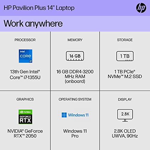 HP Pavilion Plus 14 inch Laptop, 2.8K OLED Display, 13th Generation Intel Core i7-1355U, 16 GB RAM, 1 TB SSD, NVIDIA GeForce RTX 2050 Graphics, Windows 11 Pro, 14-eh1299nr (2023)