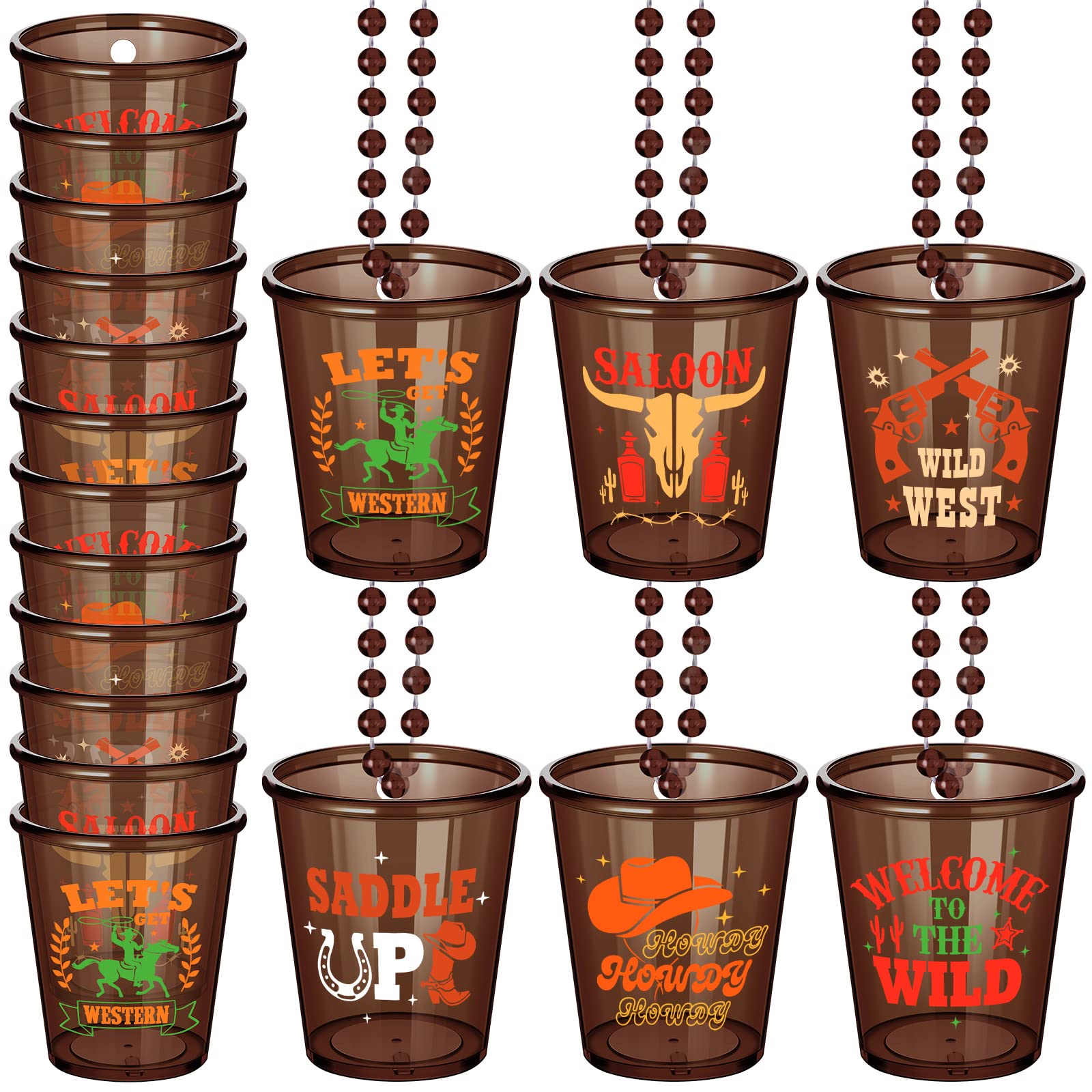 Yinkin 12 Pcs Cowboy Shot Glasses Necklace Western Themed Party Decorations Shot Glasses on Beaded Necklace Plastic Cowboy Props for Adults and Teens Festival Party Supplies, 6 Styles