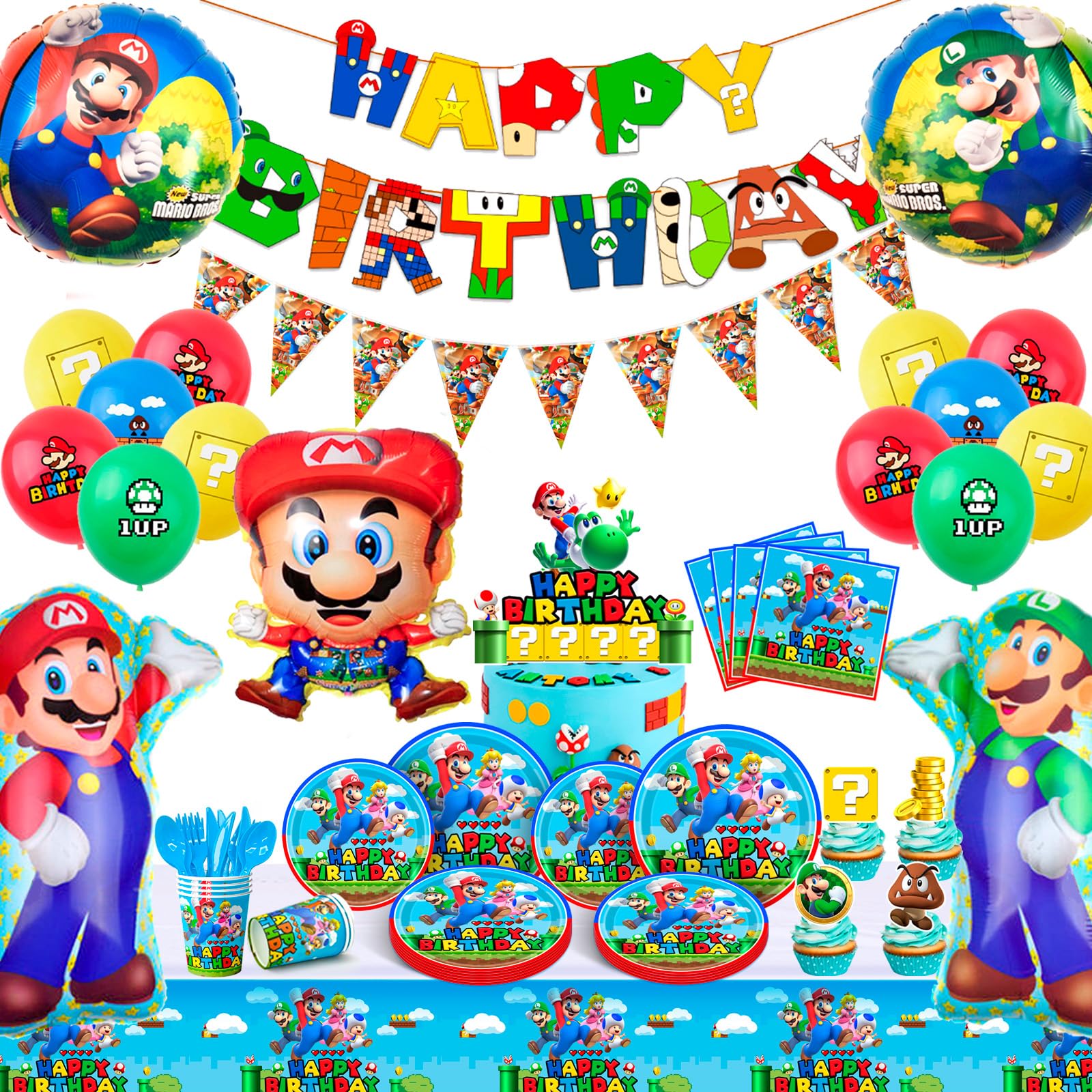 Mario Birthday Party Supplies,123pcs Mario Birthday Party Decorations&Tableware, Super Mario Balloons Banner&Mario Party Plates and Napkins Tablecloth etc Super Mario Party Supplies for Boys