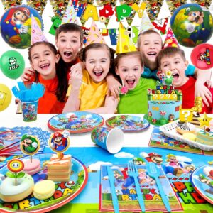 Mario Birthday Party Supplies,123pcs Mario Birthday Party Decorations&Tableware, Super Mario Balloons Banner&Mario Party Plates and Napkins Tablecloth etc Super Mario Party Supplies for Boys