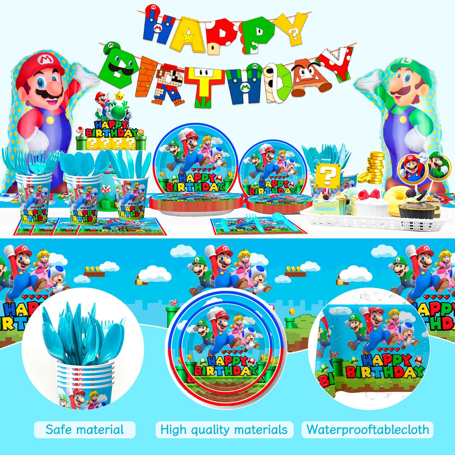 Mario Birthday Party Supplies,123pcs Mario Birthday Party Decorations&Tableware, Super Mario Balloons Banner&Mario Party Plates and Napkins Tablecloth etc Super Mario Party Supplies for Boys