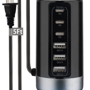 Universal USB & USB C Tower Fast Charging Station 6-Port 60W - Compact, Space-Saving Design with Multiple USB & USB-C Ports for All iPhone Galaxy Note Pixel iPad Multiple Devices