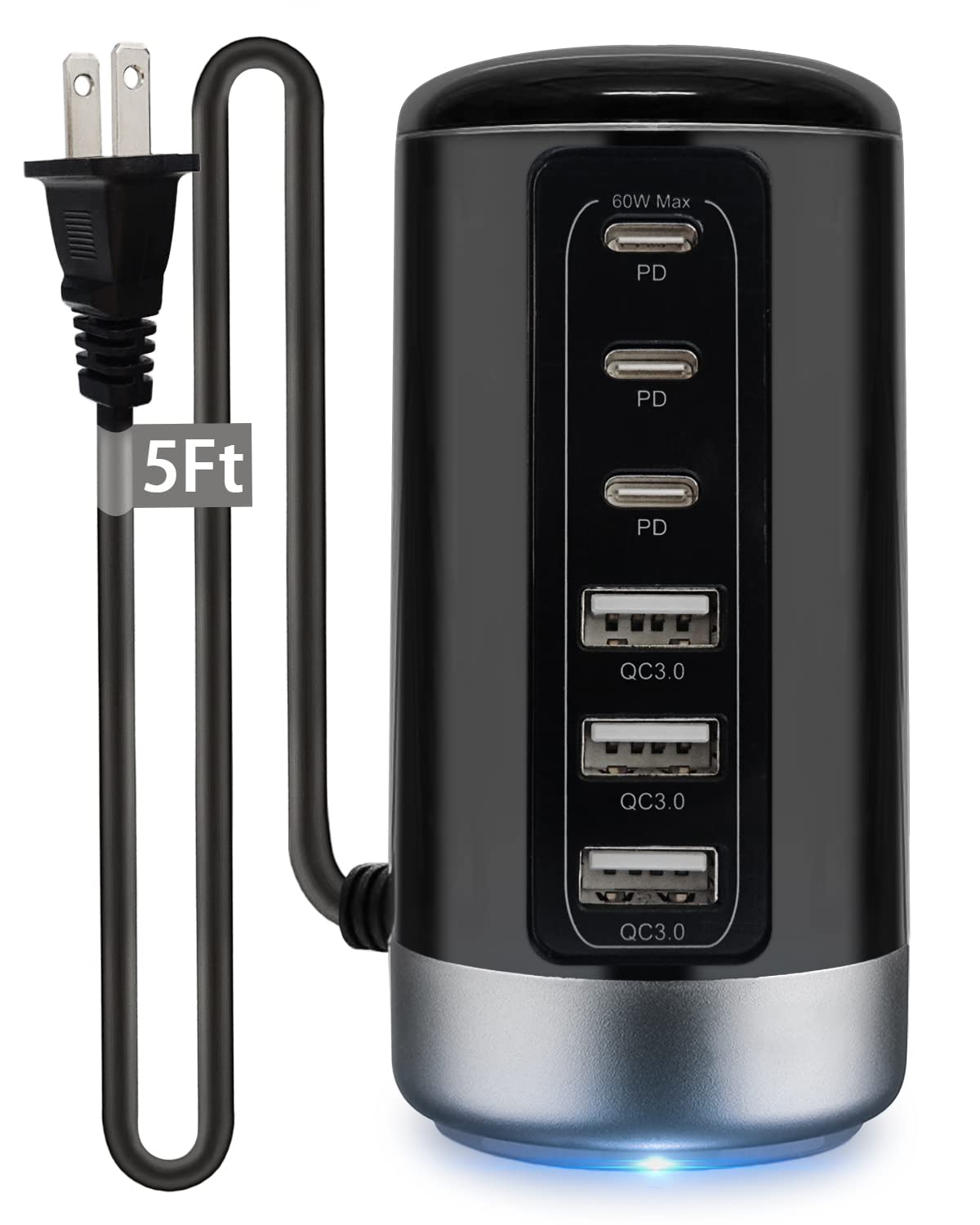 Universal USB & USB C Tower Fast Charging Station 6-Port 60W - Compact, Space-Saving Design with Multiple USB & USB-C Ports for All iPhone Galaxy Note Pixel iPad Multiple Devices