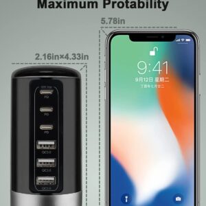 Universal USB & USB C Tower Fast Charging Station 6-Port 60W - Compact, Space-Saving Design with Multiple USB & USB-C Ports for All iPhone Galaxy Note Pixel iPad Multiple Devices