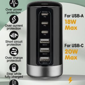 Universal USB & USB C Tower Fast Charging Station 6-Port 60W - Compact, Space-Saving Design with Multiple USB & USB-C Ports for All iPhone Galaxy Note Pixel iPad Multiple Devices