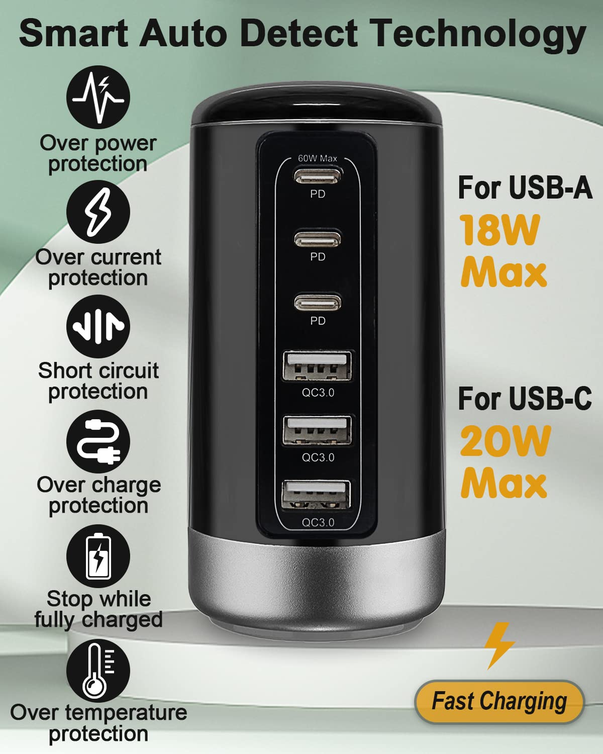 Universal USB & USB C Tower Fast Charging Station 6-Port 60W - Compact, Space-Saving Design with Multiple USB & USB-C Ports for All iPhone Galaxy Note Pixel iPad Multiple Devices